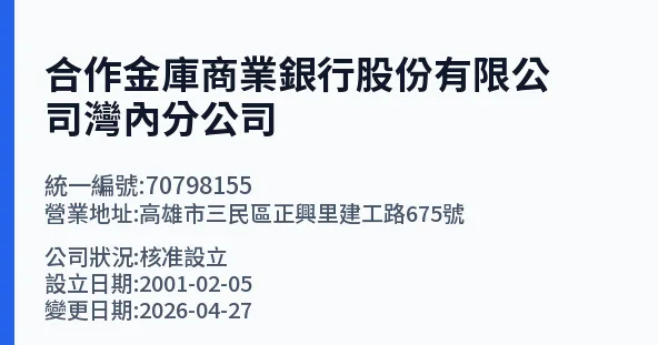 合作金庫商業銀行股份有限公司灣內分公司的照片-統編 70798155(高雄市) 公司登記資料與營業項目詳細圖表