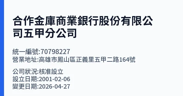合作金庫商業銀行股份有限公司五甲分公司的照片-統編 70798227(高雄市) 公司登記資料與營業項目詳細圖表