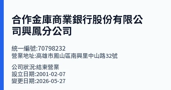 合作金庫商業銀行股份有限公司興鳳分公司的照片-統編 70798232(高雄市) 公司登記資料與營業項目詳細圖表
