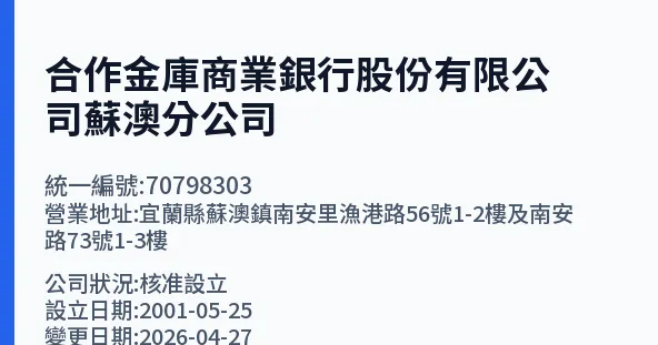 合作金庫商業銀行股份有限公司蘇澳分公司的照片-統編 70798303(宜蘭縣) 公司登記資料與營業項目詳細圖表
