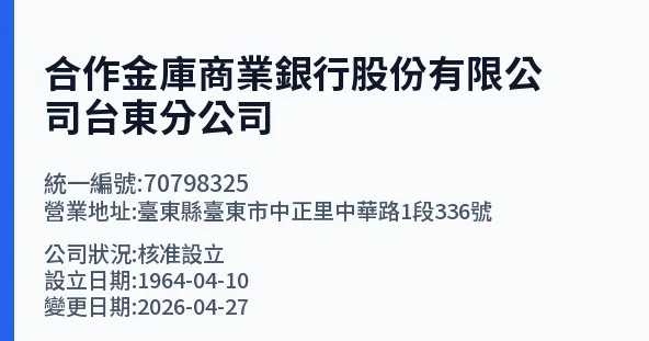 合作金庫商業銀行股份有限公司台東分公司的照片-統編 70798325(臺東縣) 公司登記資料與營業項目詳細圖表
