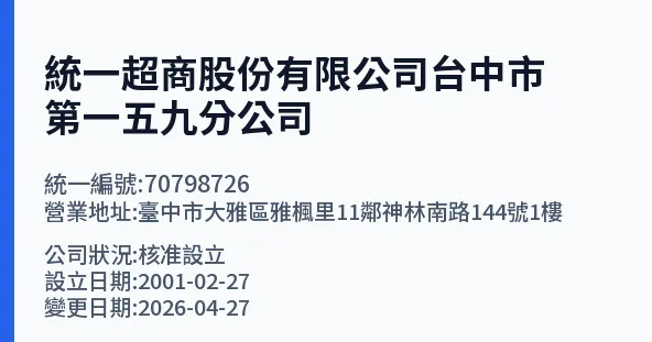 統一超商股份有限公司台中市第一五九分公司的照片-統編 70798726(臺中市) 公司登記資料與營業項目詳細圖表