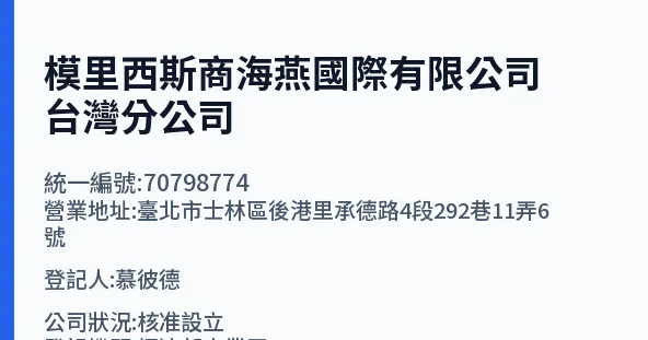模里西斯商海燕國際有限公司台灣分公司的照片-統編 70798774(臺北市) 公司登記資料與營業項目詳細圖表