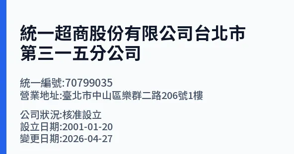 統一超商股份有限公司台北市第三一五分公司的照片-統編 70799035(臺北市) 公司登記資料與營業項目詳細圖表