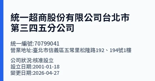 統一超商股份有限公司台北市第三四五分公司的照片-統編 70799041(臺北市) 公司登記資料與營業項目詳細圖表