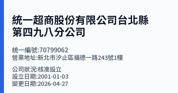 統一超商股份有限公司台北縣第四九八分公司的照片-統編 70799062(新北市) 公司登記資料與營業項目詳細圖表