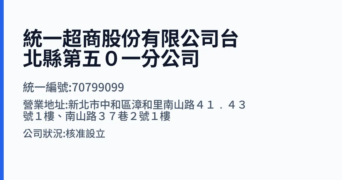 統一超商股份有限公司台北縣第五０一分公司 - 統編 70799099(新北市) 公司登記資料與營業項目詳細圖表