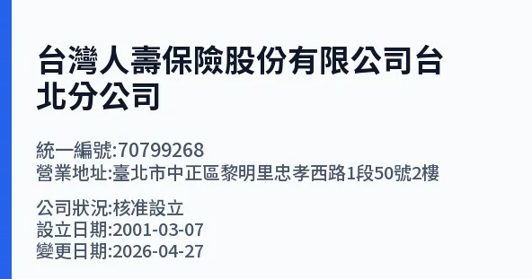 台灣人壽保險股份有限公司台北分公司的照片-統編 70799268(臺北市) 公司登記資料與營業項目詳細圖表