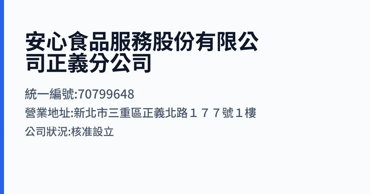 安心食品服務股份有限公司正義分公司 - 統編 70799648(新北市) 公司登記資料與營業項目詳細圖表