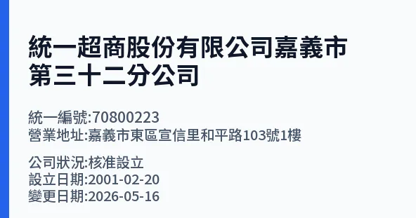 統一超商股份有限公司嘉義市第三十二分公司的照片-統編 70800223(嘉義市) 公司登記資料與營業項目詳細圖表