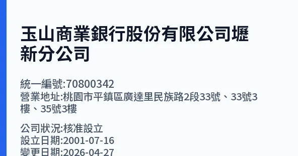 玉山商業銀行股份有限公司壢新分公司的照片-統編 70800342(桃園市) 公司登記資料與營業項目詳細圖表
