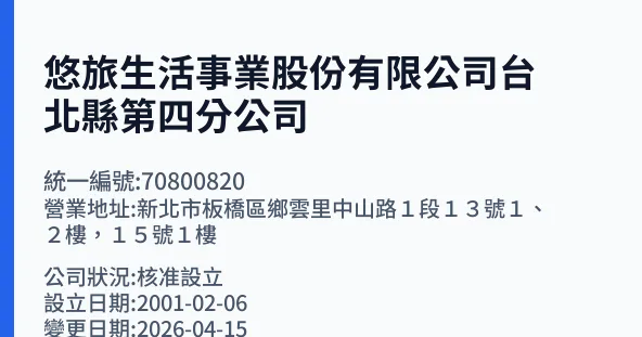 悠旅生活事業股份有限公司台北縣第四分公司的照片-統編 70800820(新北市) 公司登記資料與營業項目詳細圖表
