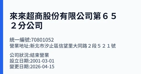 來來超商股份有限公司第６５２分公司的照片-統編 70801052(新北市) 公司登記資料與營業項目詳細圖表