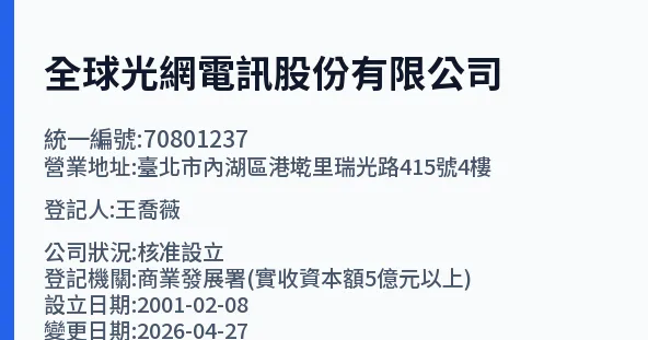 全球光網電訊股份有限公司的照片-統編 70801237(臺北市) 公司登記資料與營業項目詳細圖表