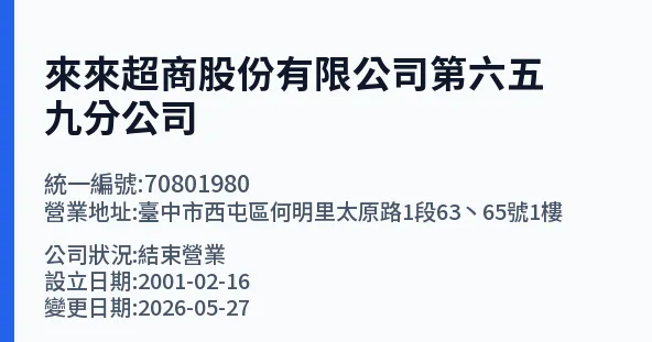 來來超商股份有限公司第六五九分公司的照片-統編 70801980(臺中市) 公司登記資料與營業項目詳細圖表