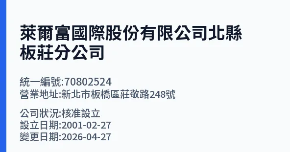 萊爾富國際股份有限公司北縣板莊分公司的照片-統編 70802524(新北市) 公司登記資料與營業項目詳細圖表
