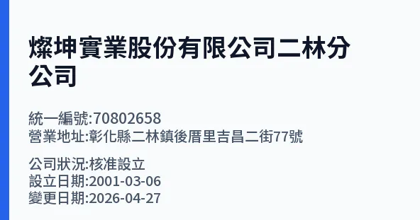 燦坤實業股份有限公司二林分公司的照片-統編 70802658(彰化縣) 公司登記資料與營業項目詳細圖表