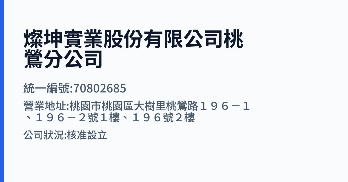 燦坤實業股份有限公司桃鶯分公司 - 統編 70802685(桃園市) 公司登記資料與營業項目詳細圖表