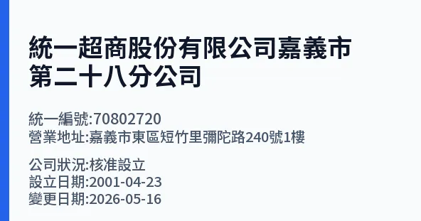 統一超商股份有限公司嘉義市第二十八分公司的照片-統編 70802720(嘉義市) 公司登記資料與營業項目詳細圖表