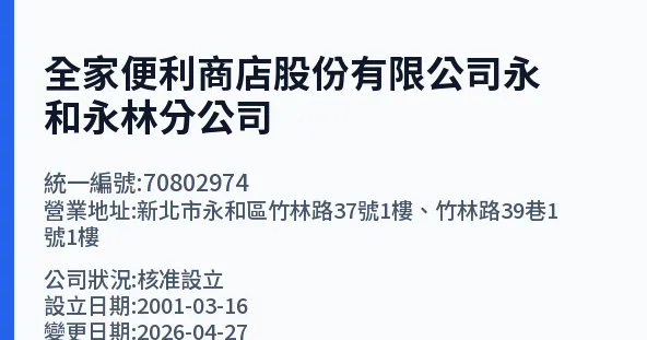 全家便利商店股份有限公司永和永林分公司的照片-統編 70802974(新北市) 公司登記資料與營業項目詳細圖表
