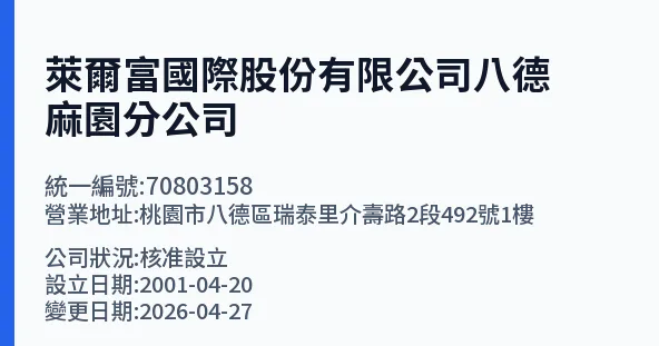 萊爾富國際股份有限公司八德麻園分公司的照片-統編 70803158(桃園市) 公司登記資料與營業項目詳細圖表