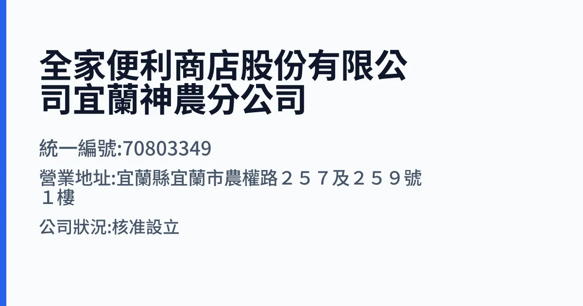 全家便利商店股份有限公司宜蘭神農分公司 - 統編 70803349(宜蘭縣) 公司登記資料與營業項目詳細圖表