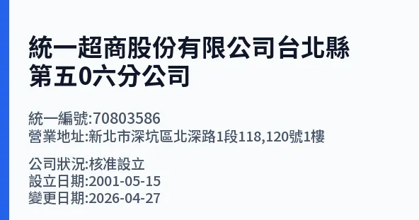 統一超商股份有限公司台北縣第五0六分公司的照片-統編 70803586(新北市) 公司登記資料與營業項目詳細圖表