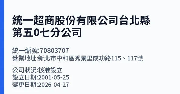 統一超商股份有限公司台北縣第五0七分公司的照片-統編 70803707(新北市) 公司登記資料與營業項目詳細圖表