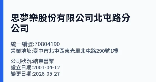 思夢樂股份有限公司北屯路分公司的照片-統編 70804190(臺中市) 公司登記資料與營業項目詳細圖表