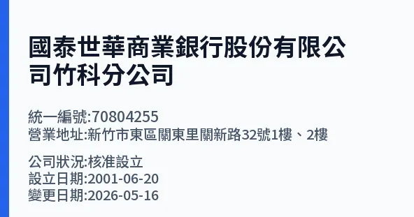 國泰世華商業銀行股份有限公司竹科分公司的照片-統編 70804255(新竹市) 公司登記資料與營業項目詳細圖表