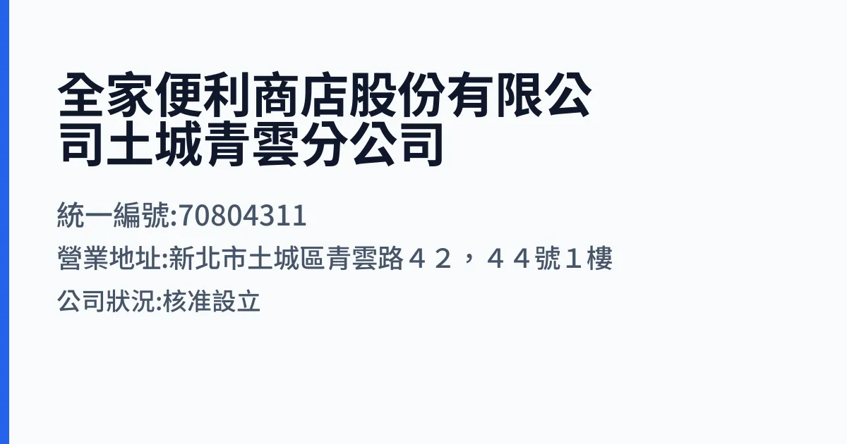 全家便利商店股份有限公司土城青雲分公司 - 統編 70804311(新北市) 公司登記資料與營業項目詳細圖表