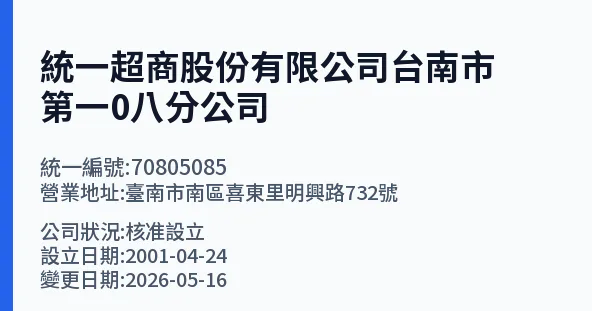 統一超商股份有限公司台南市第一0八分公司的照片-統編 70805085(臺南市) 公司登記資料與營業項目詳細圖表