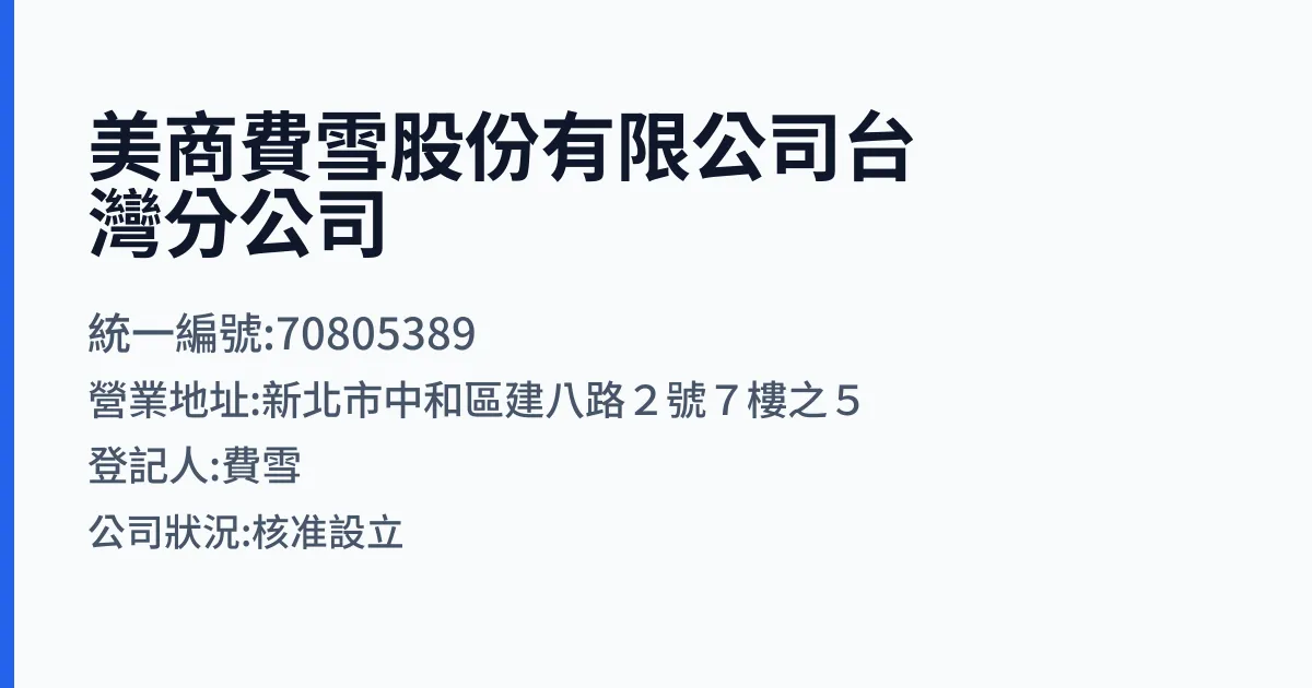 美商費雪股份有限公司台灣分公司 - 統編 70805389(新北市) 公司登記資料與營業項目詳細圖表