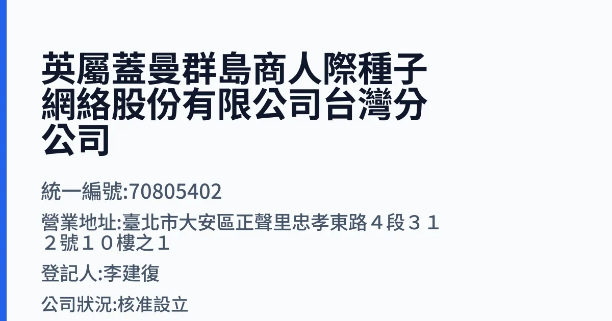 英屬蓋曼群島商人際種子網絡股份有限公司台灣分公司 - 統編 70805402(臺北市) 公司登記資料與營業項目詳細圖表