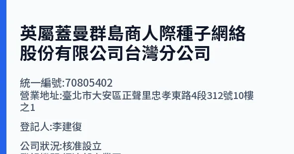 英屬蓋曼群島商人際種子網絡股份有限公司台灣分公司的照片-統編 70805402(臺北市) 公司登記資料與營業項目詳細圖表