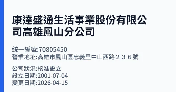 康達盛通生活事業股份有限公司高雄鳳山分公司的照片-統編 70805450(高雄市) 公司登記資料與營業項目詳細圖表