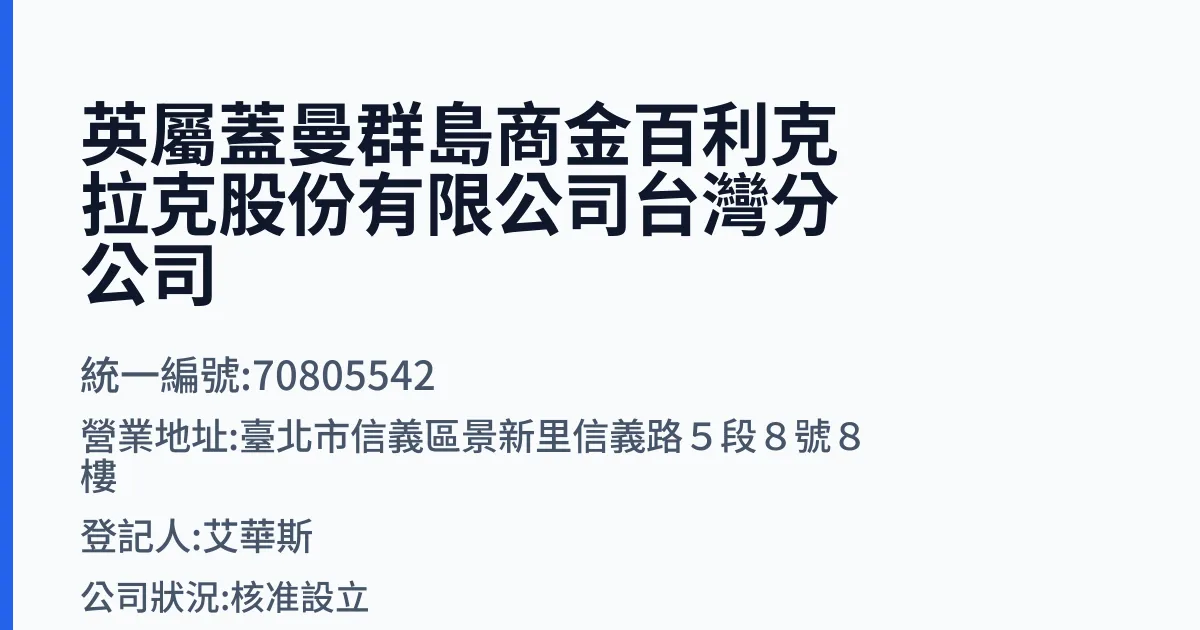 英屬蓋曼群島商金百利克拉克股份有限公司台灣分公司 - 統編 70805542(臺北市) 公司登記資料與營業項目詳細圖表
