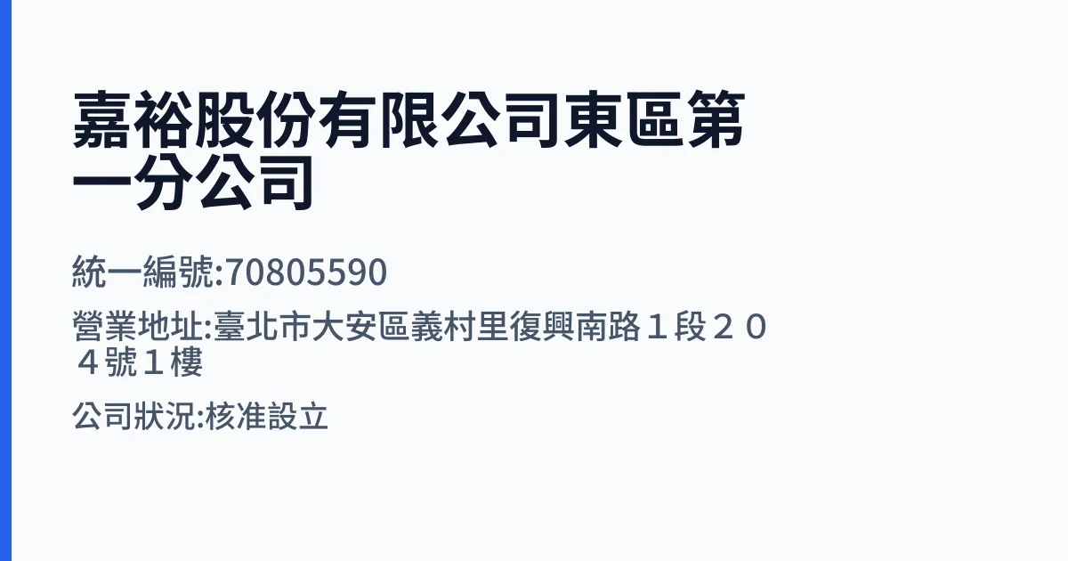 嘉裕股份有限公司東區第一分公司 - 統編 70805590(臺北市) 公司登記資料與營業項目詳細圖表