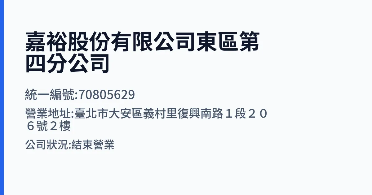 嘉裕股份有限公司東區第四分公司 - 統編 70805629(臺北市) 公司登記資料與營業項目詳細圖表