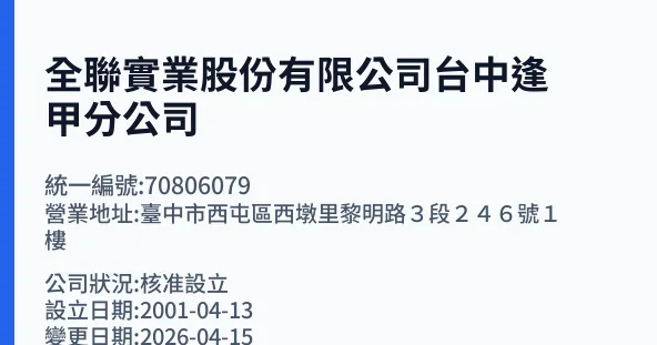 全聯實業股份有限公司台中逢甲分公司的照片-統編 70806079(臺中市) 公司登記資料與營業項目詳細圖表