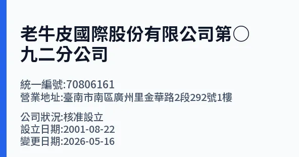 老牛皮國際股份有限公司第○九二分公司的照片-統編 70806161(臺南市) 公司登記資料與營業項目詳細圖表