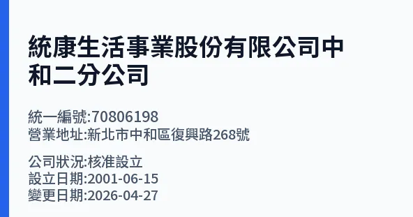 統康生活事業股份有限公司中和二分公司的照片-統編 70806198(新北市) 公司登記資料與營業項目詳細圖表