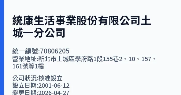 統康生活事業股份有限公司土城一分公司的照片-統編 70806205(新北市) 公司登記資料與營業項目詳細圖表