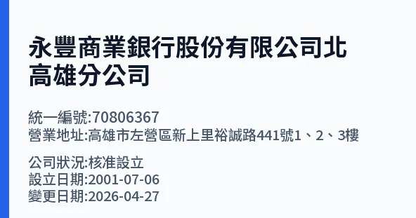 永豐商業銀行股份有限公司北高雄分公司的照片-統編 70806367(高雄市) 公司登記資料與營業項目詳細圖表