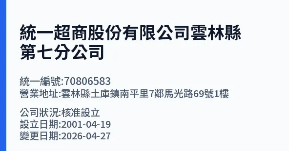 統一超商股份有限公司雲林縣第七分公司的照片-統編 70806583(雲林縣) 公司登記資料與營業項目詳細圖表