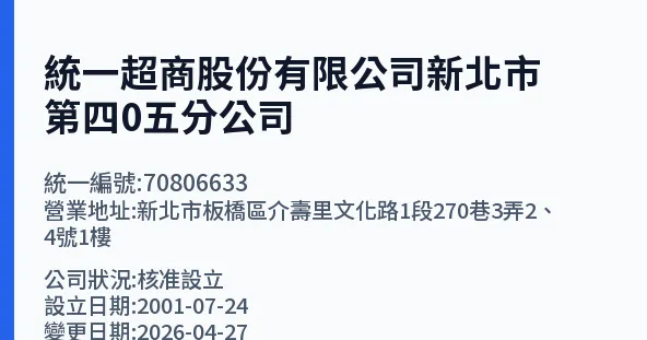 統一超商股份有限公司新北市第四0五分公司的照片-統編 70806633(新北市) 公司登記資料與營業項目詳細圖表