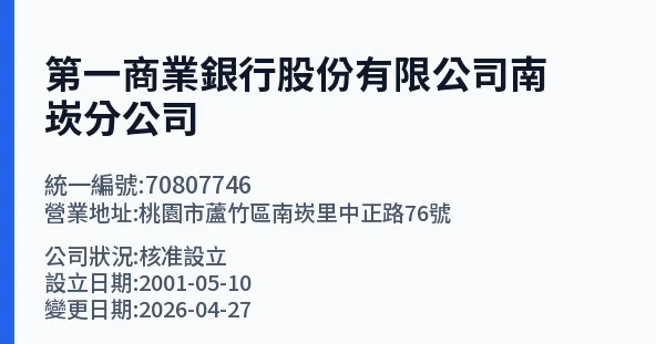 第一商業銀行股份有限公司南崁分公司的照片-統編 70807746(桃園市) 公司登記資料與營業項目詳細圖表