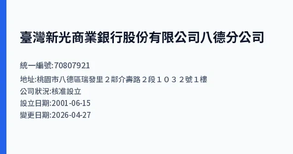臺灣新光商業銀行股份有限公司八德分公司的照片-統編 70807921(桃園市) 公司登記資料與營業項目詳細圖表