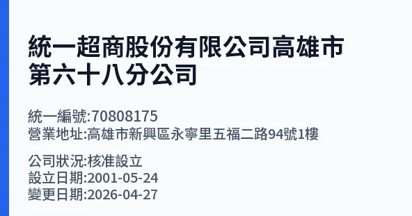 統一超商股份有限公司高雄市第六十八分公司的照片-統編 70808175(高雄市) 公司登記資料與營業項目詳細圖表
