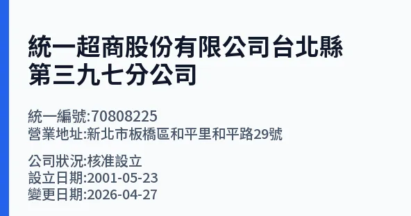 統一超商股份有限公司台北縣第三九七分公司的照片-統編 70808225(新北市) 公司登記資料與營業項目詳細圖表